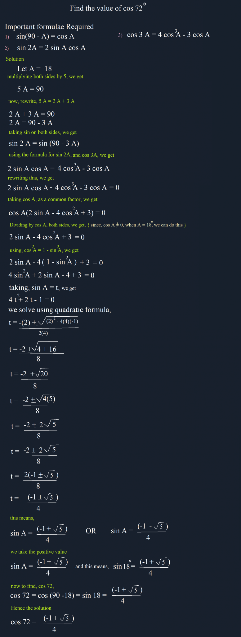 How to find the value of cos 72 degrees – International Math Education