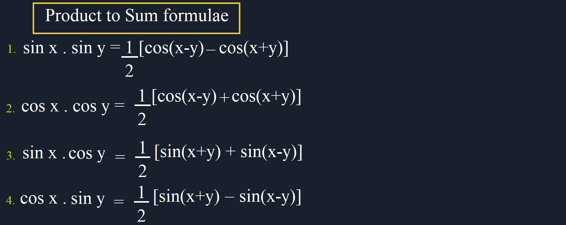 Product to Sum formulae – International Math Education